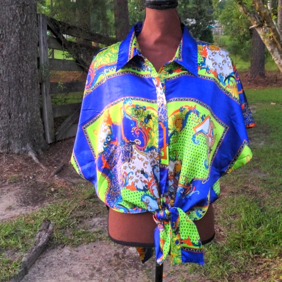 Truth | Tops | Truth Royal Bluelime Silky Blouse Buttondown Front ...